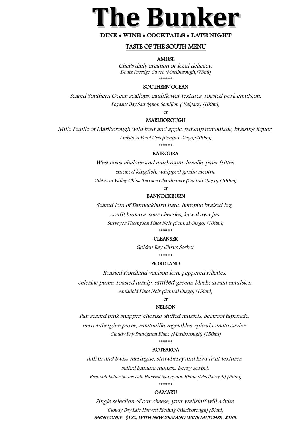 Menu at The Bunker restaurant and bar, Queenstown