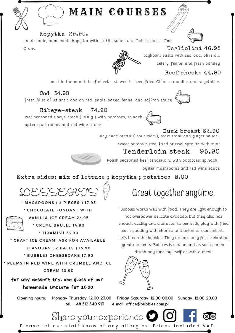 Menu at Bubbles restaurant, Warsaw