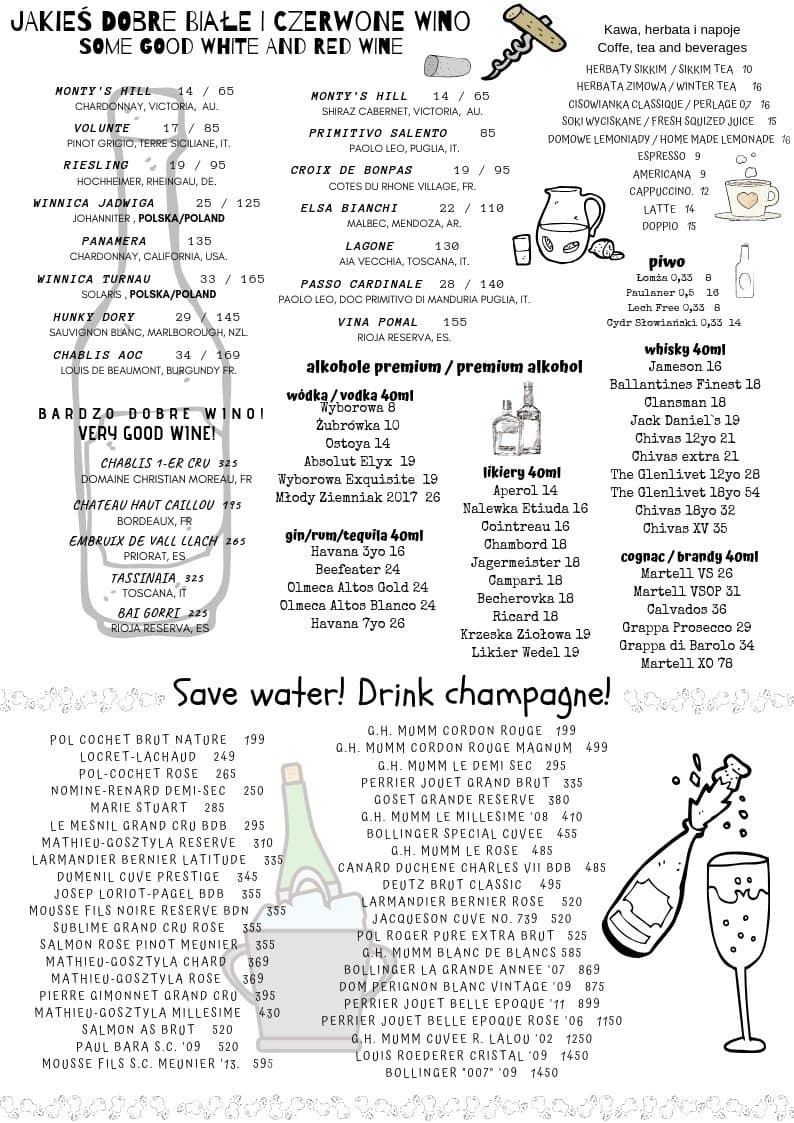 Menu at Bubbles restaurant, Warsaw