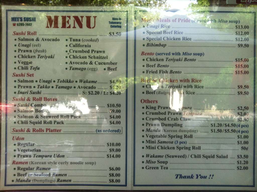 Menu at Mee's Sushi restaurant, Griffith