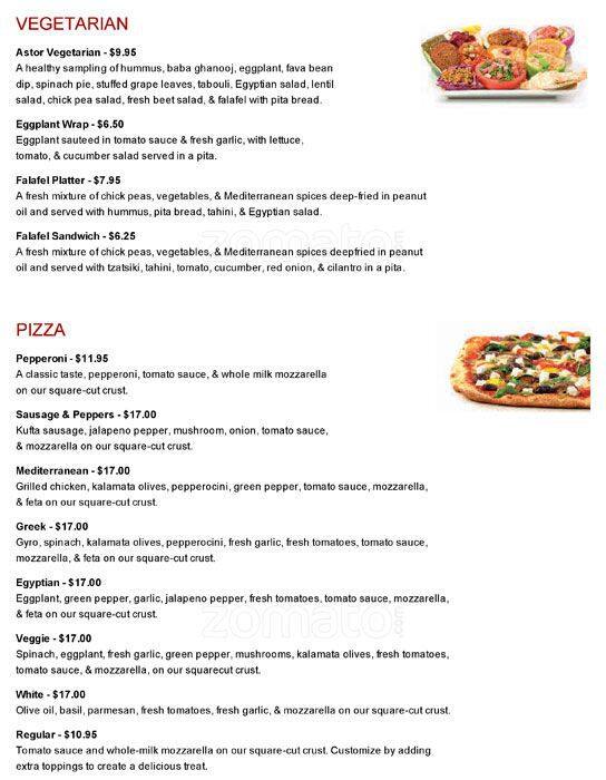 Menu at Astor Mediterranean restaurant, Washington, Columbia Rd NW