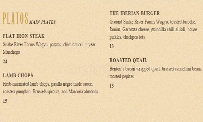 Menu at The Iberian Pig restaurant, Decatur