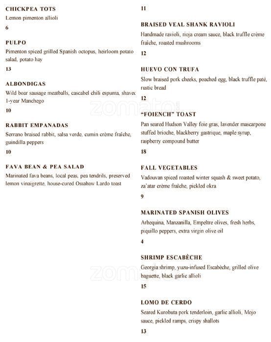 Menu at The Iberian Pig restaurant, Decatur