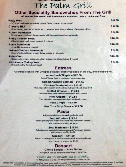 Menu at Palm Grill pub & bar, Denver