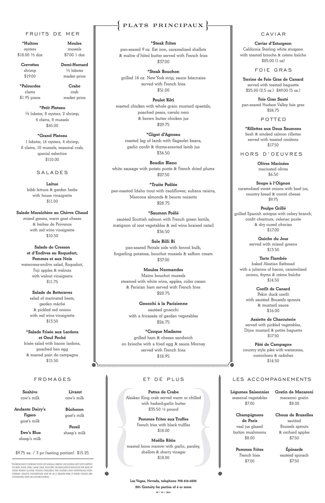 Menu at Bouchon at The Venetian restaurant, Las Vegas