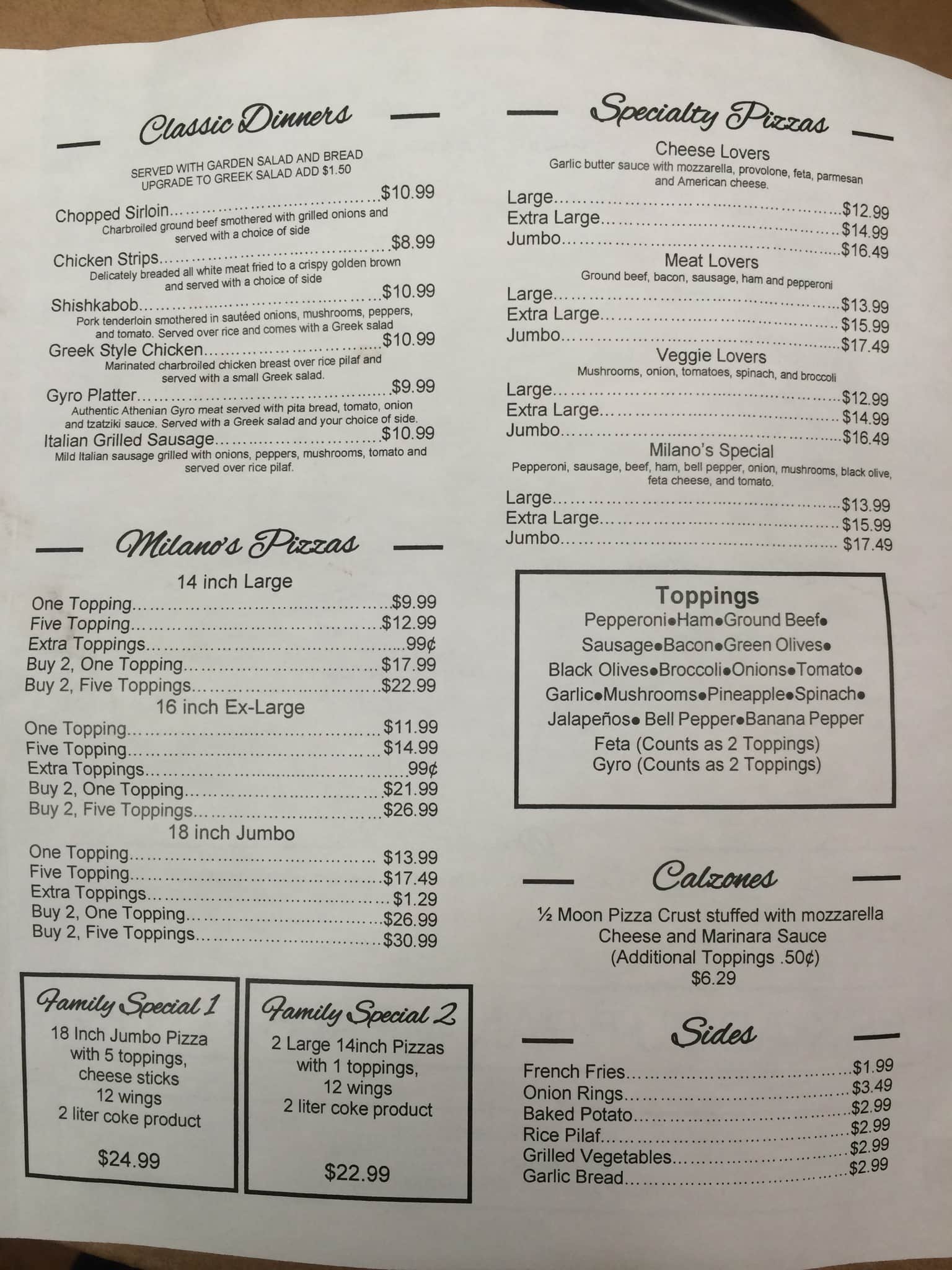 Menu at Milano's Pizza pizzeria, LaGrange