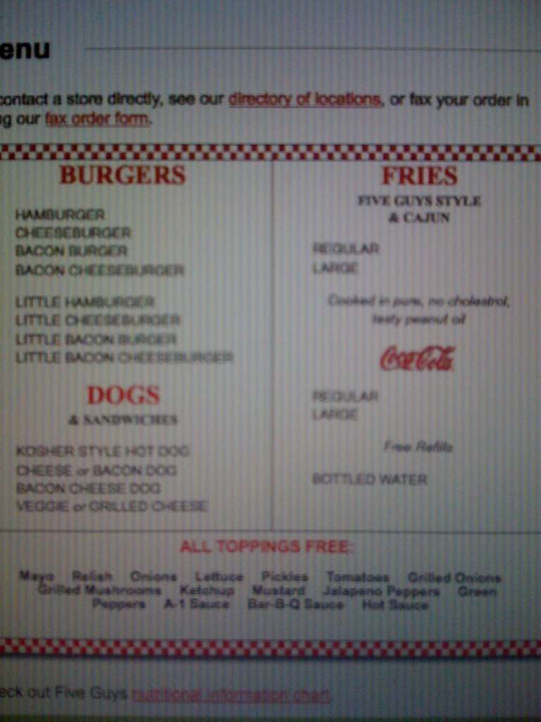 Five Guys Burgers and Fries Menu - Urbanspoon/Zomato
