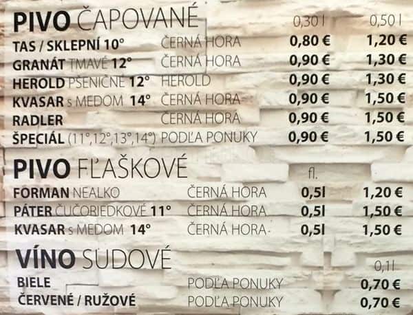 Menu at Bigger Rock Garden pub & bar, Bratislava
