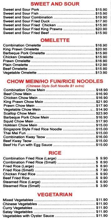 Menu at Chows Chinese Restaurant, Mandurah