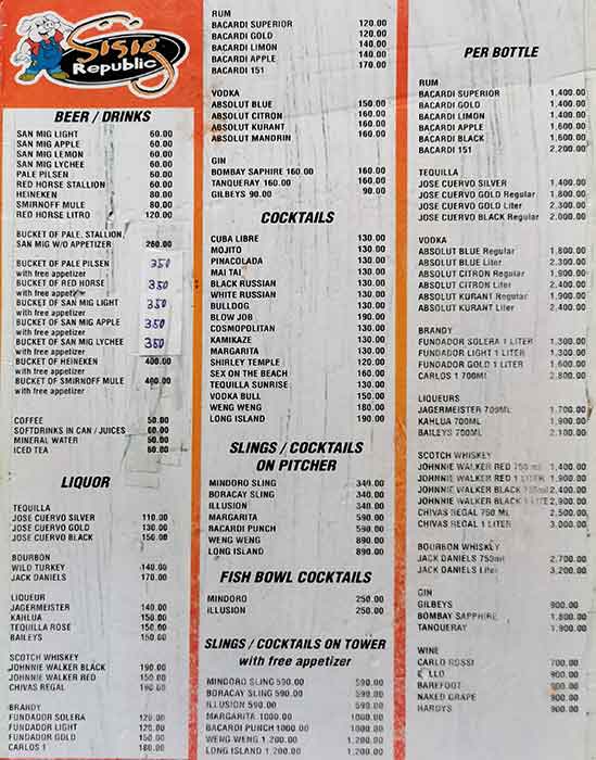 Menu at Sisig Republic, Las Pinas