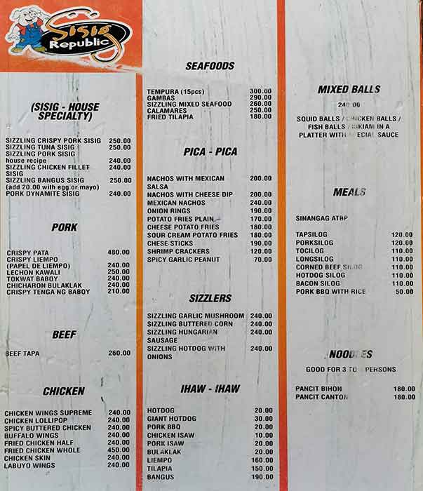 Menu at Sisig Republic, Las Pinas