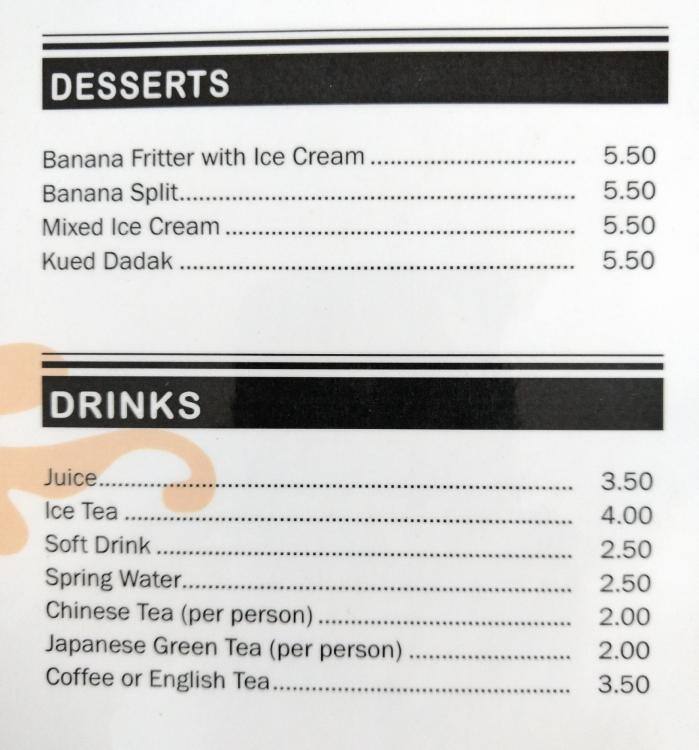 Menu at Sambal Chili restaurant, Melton