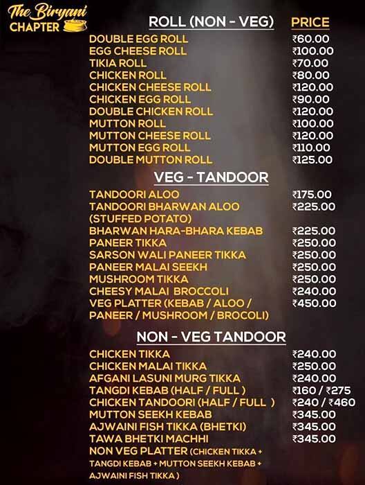 Menu of The Biryani Chapter, Ballygunge, Kolkata