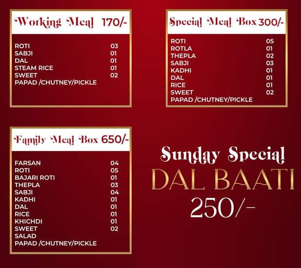 Menu of Mohanlal Ji Thali, Anand Wali Goan, Nashik