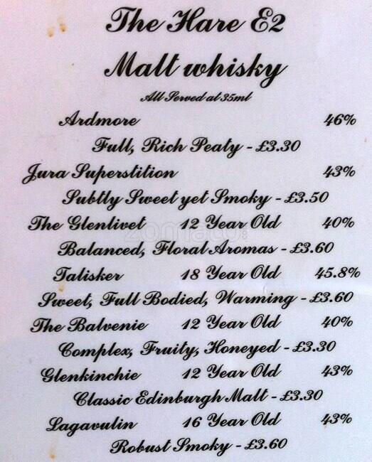 Menu at The Hare pub & bar, London, 505 Cambridge Heath Road