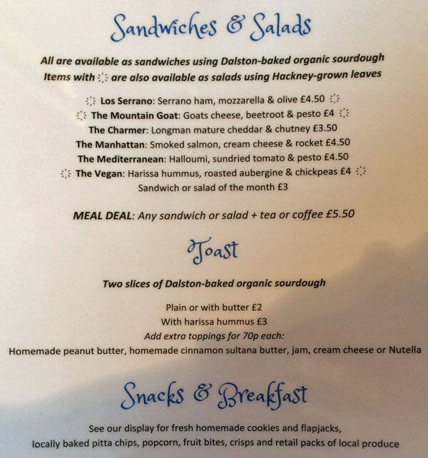 Menu at The Ship of Adventures cafe, London