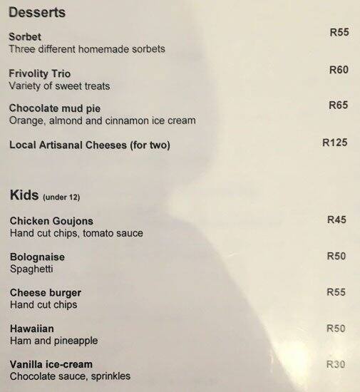 Carta de The Polo Club Restaurant, Ciudad del Cabo