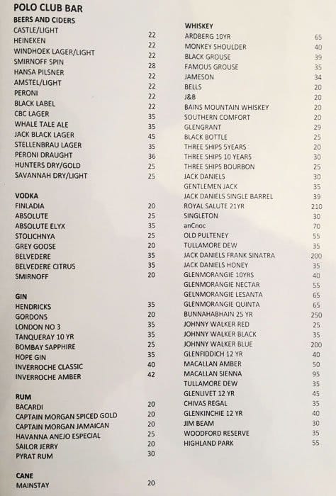 Carta de The Polo Club Restaurant, Ciudad del Cabo