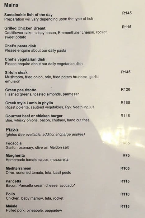 Carta de The Polo Club Restaurant, Paarl