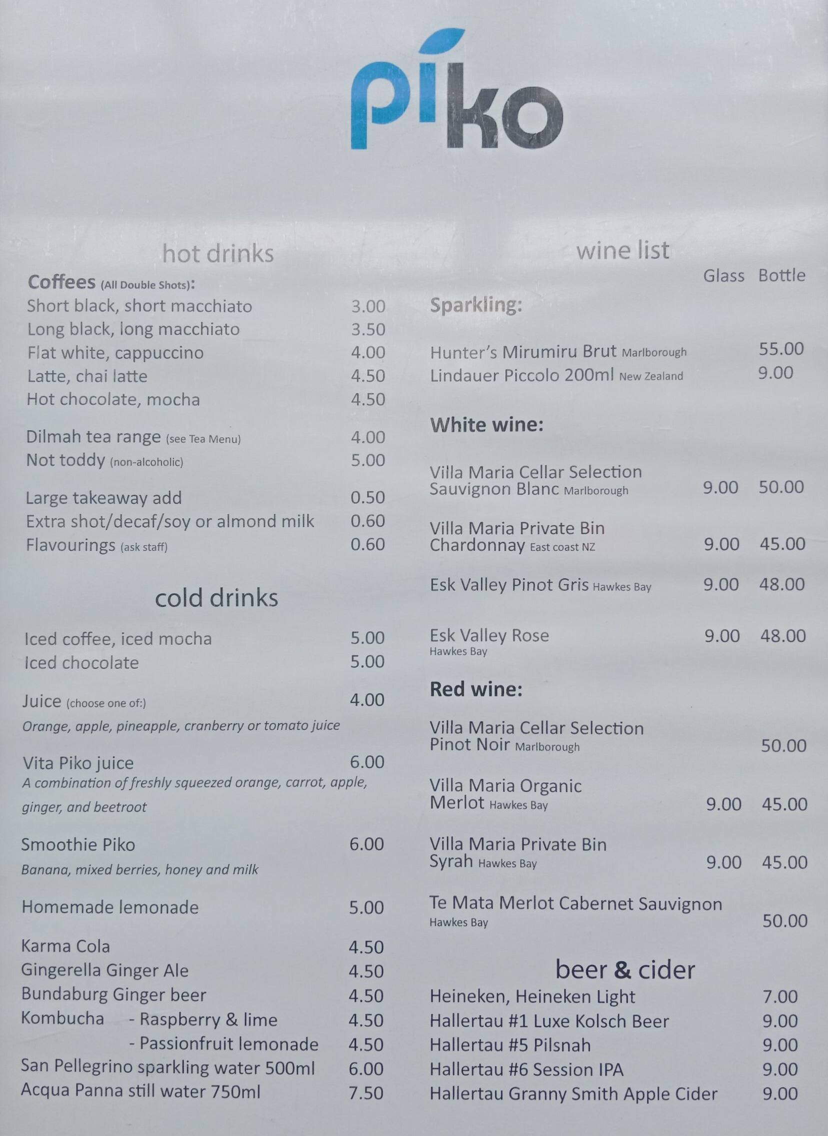 Menu at Piko Café cafe, Auckland