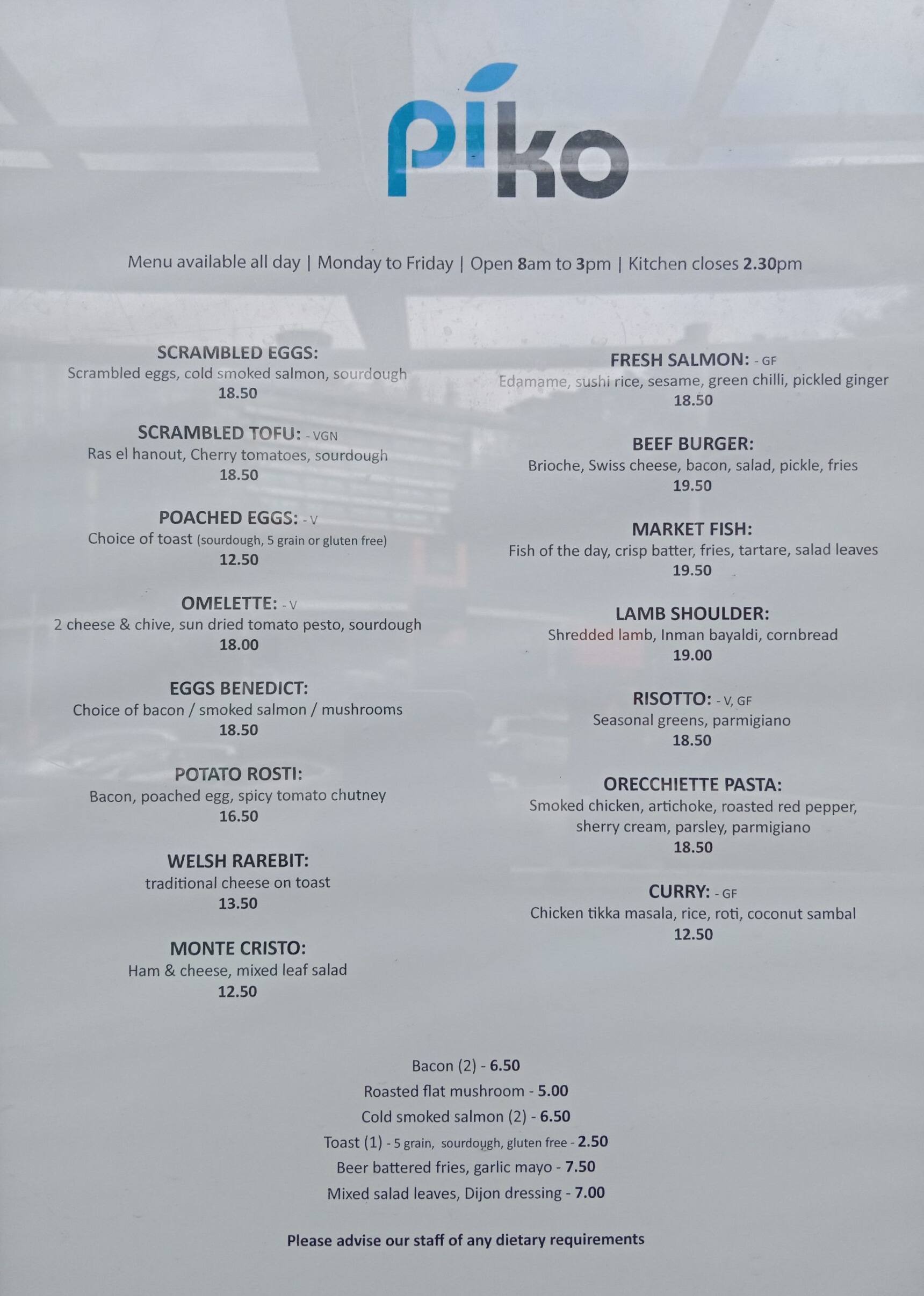 Menu at Piko Café cafe, Auckland