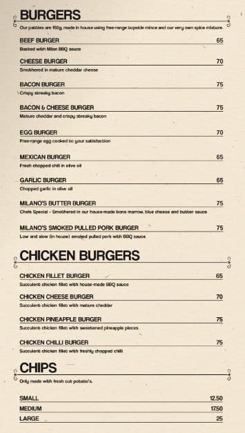 Menu at Pizzeria Milan., Centurion