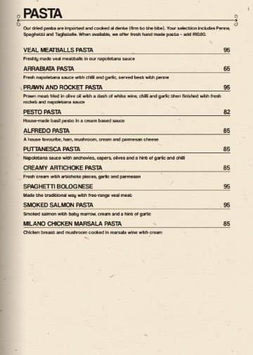 Menu at Pizzeria Milan., Centurion