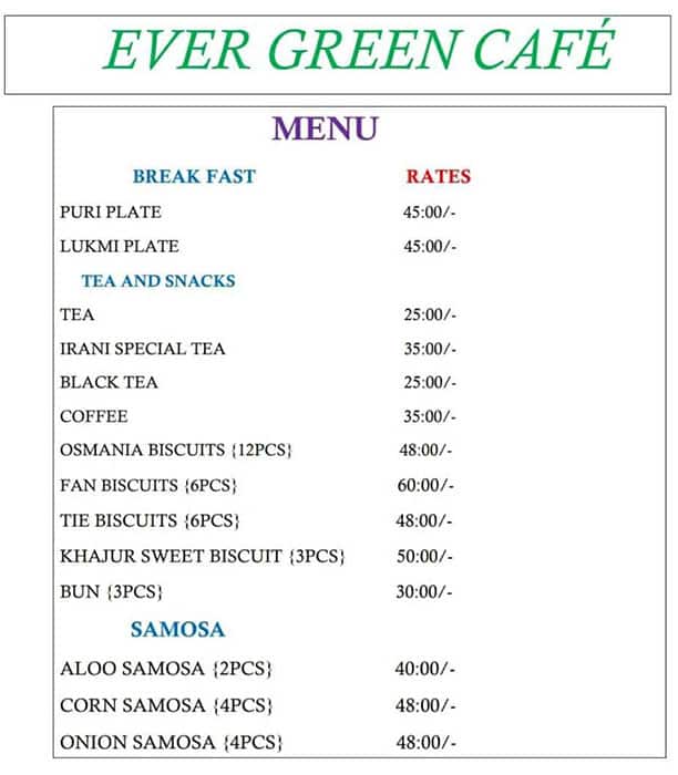 Menu at Ever Green Cafe, Secunderabad