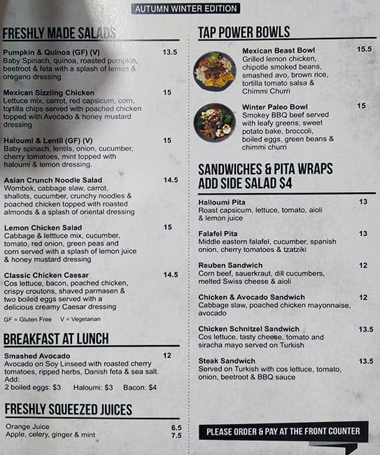 Menu at Tap restaurant, Sydney