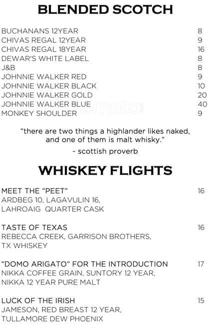 Menu at Whiskey & Rye pub & bar, Fort Worth