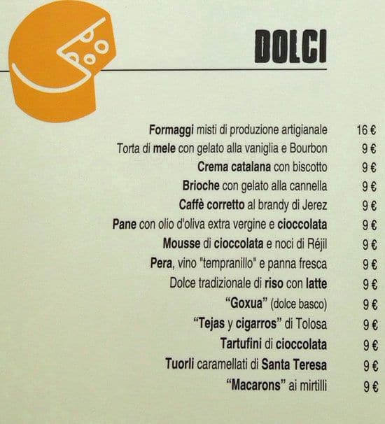Menu au El Altillo, Milan