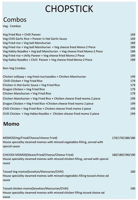 Menu of Chopstick, Jeevan Bhima Nagar, Bangalore