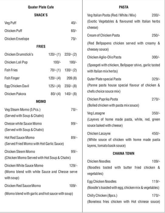 Menu of Quarter Plate, Chinar Park, Kolkata