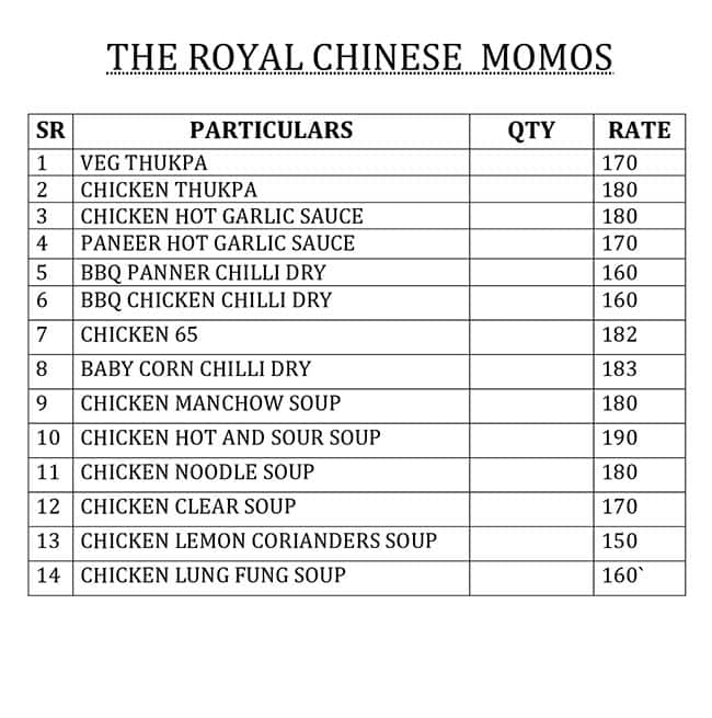 Menu of The Royal Chinese Momos, Viman Nagar, Pune