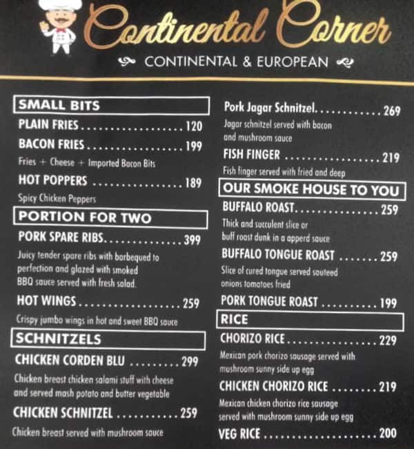 Menu of Continental Corner, Dahisar West, Mumbai