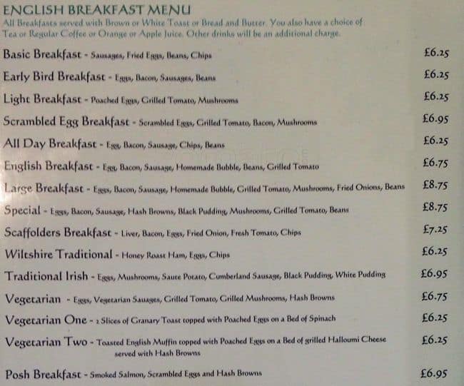 Menu at Café Paolo cafe, London, 1 The Vale