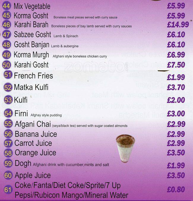Menu at Kabul Restaurant, Southall