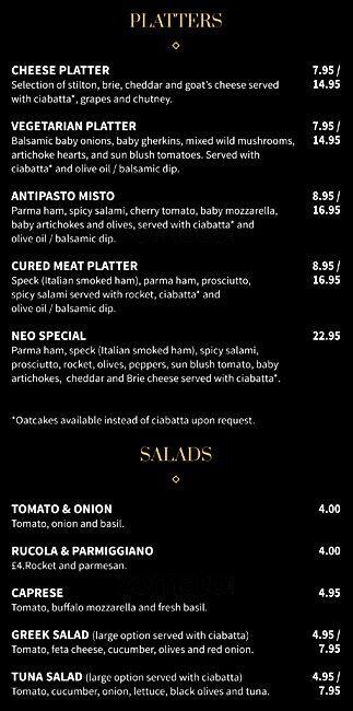 Menu at Neo Barbican, London, 14-17 Carthusian St