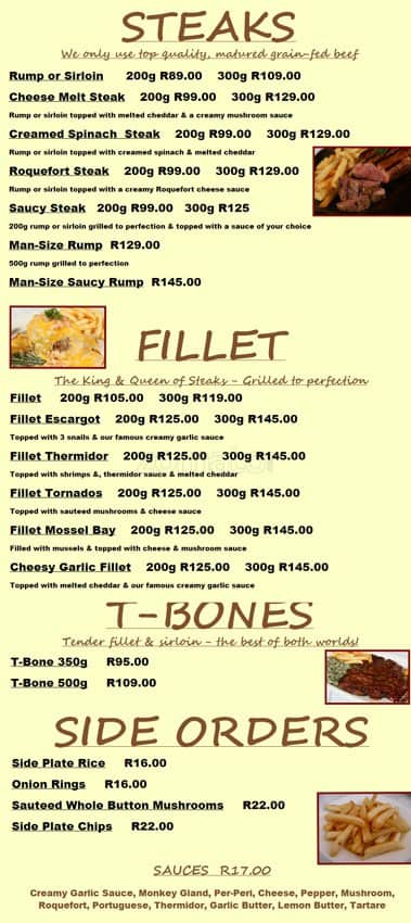 Menu at Porterhouse restaurant, Roodepoort
