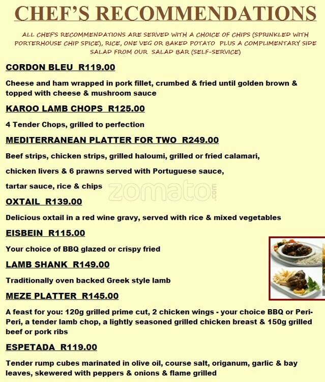 Menu at Porterhouse restaurant, Roodepoort