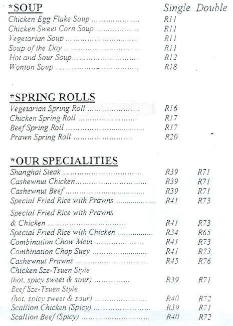 Menu at Rejoice Garden restaurant, Johannesburg South