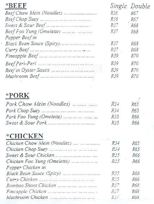 Menu at Rejoice Garden restaurant, Johannesburg South