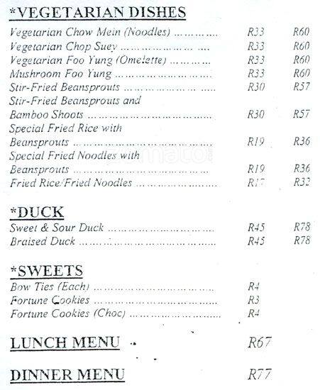 Menu at Rejoice Garden restaurant, Johannesburg South