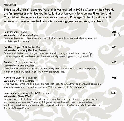 Menu at Signature restaurant, Pretoria