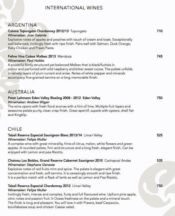 Menu at Signature restaurant, Pretoria