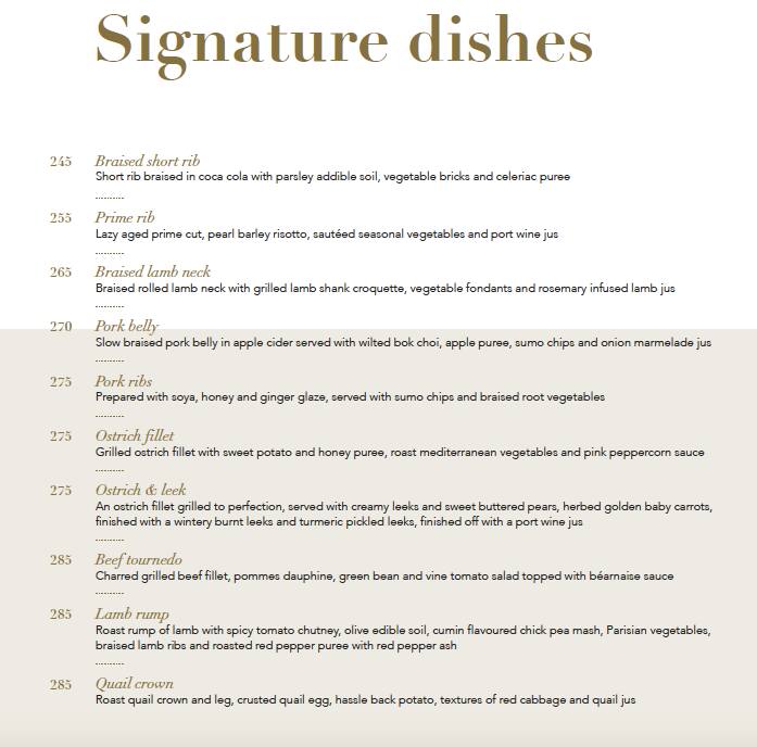 Menu at Signature restaurant, Pretoria