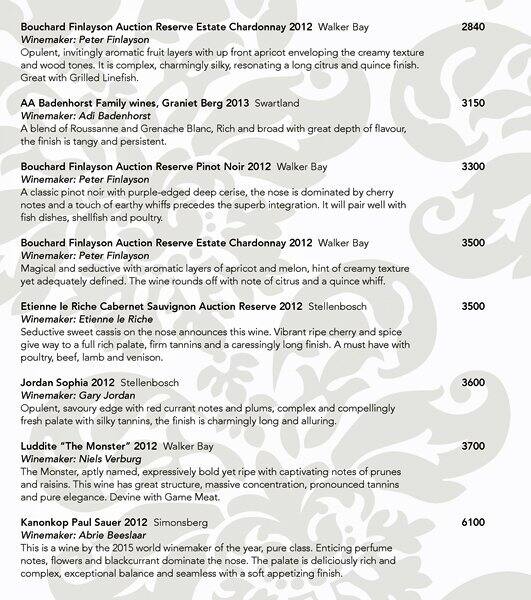 Menu at Signature restaurant, Pretoria