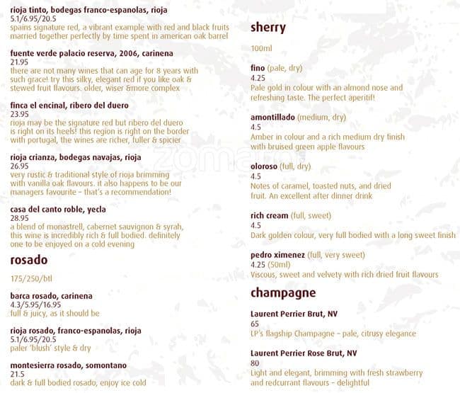 Menu at Barca, Glasgow