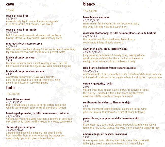 Menu at Barca, Glasgow