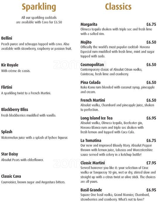 Menu at Barca, Glasgow